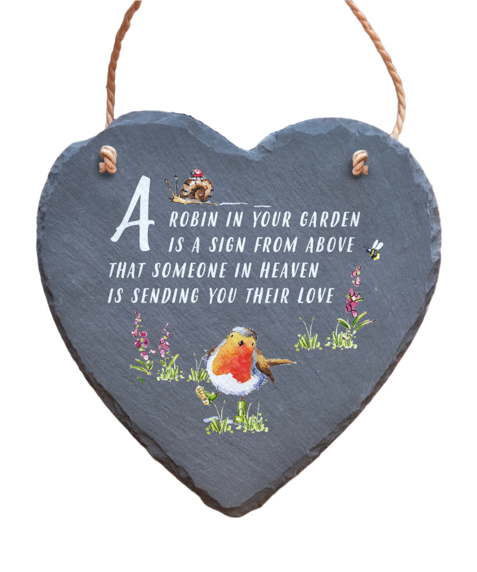 A Robin In The Garden Memorial Slate Heart – Villager Jim's Shop