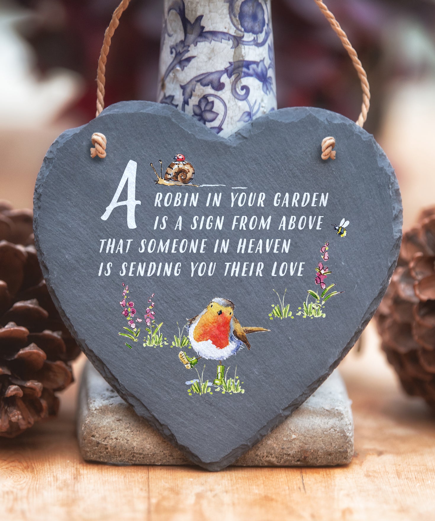 A Robin In The Garden Memorial Slate Heart – Villager Jim's Shop