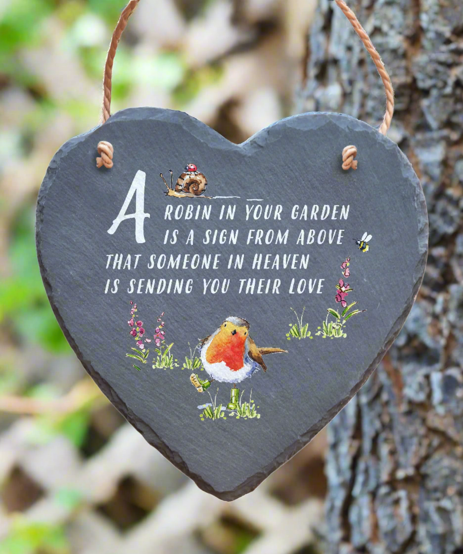 A Robin In The Garden Memorial Slate Heart – Villager Jim's Shop
