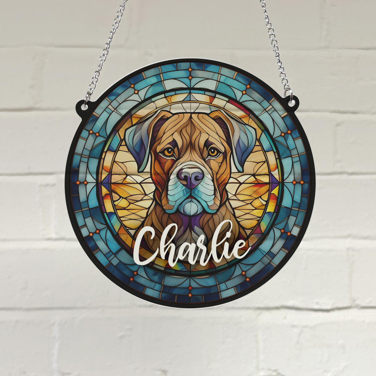 Boxer Brindle Personalised Stained Glass Effect Suncatcher – Villager ...