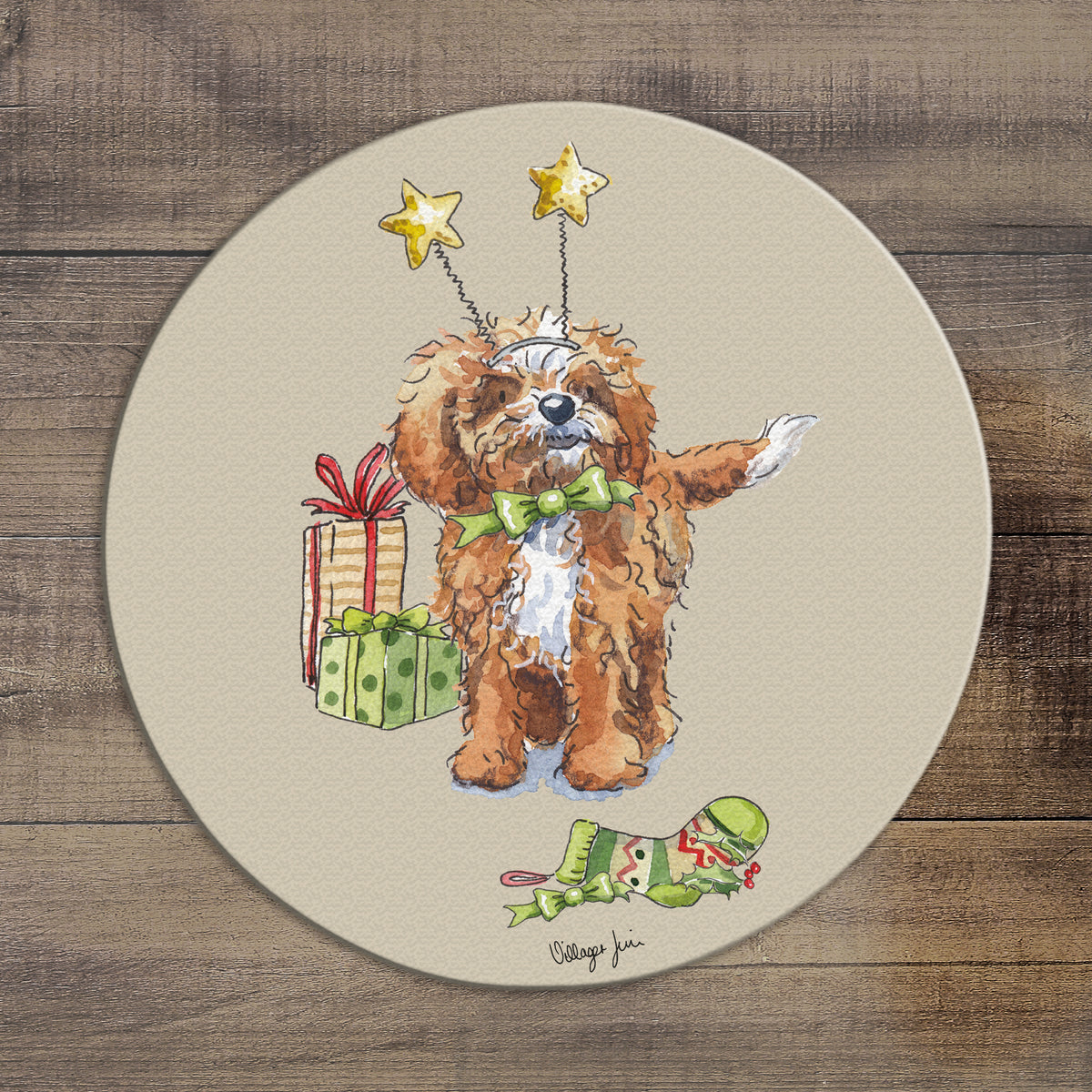 Cavapoo Red & White Christmas Circular Glass Worktop Saver – Villager ...
