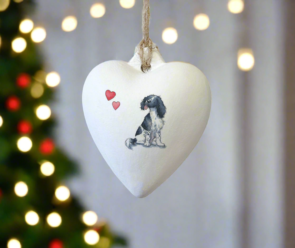 Springer Spaniel Black & White Ceramic Heart Bauble – Villager Jim's Shop