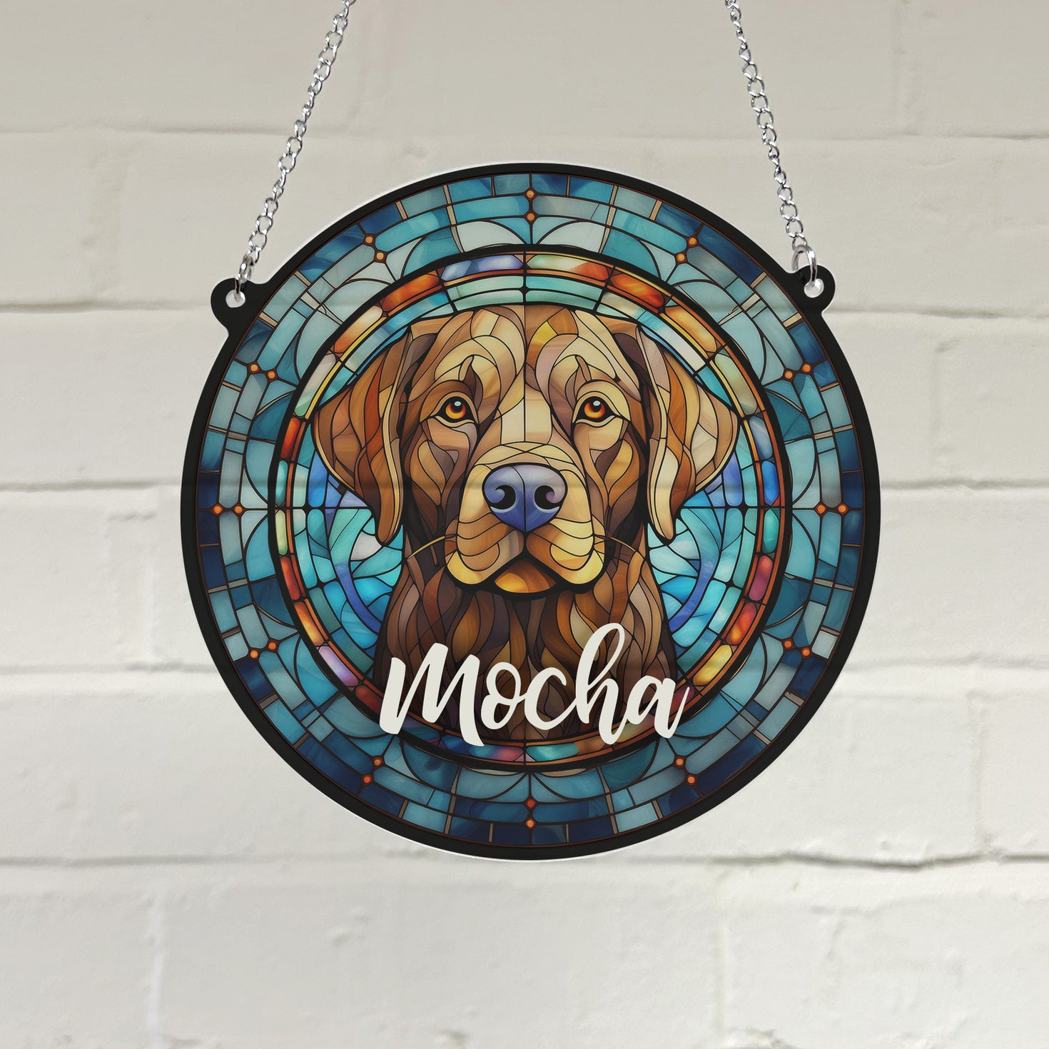 Labrador Chocolate Personalised Stained Glass Effect Suncatcher ...
