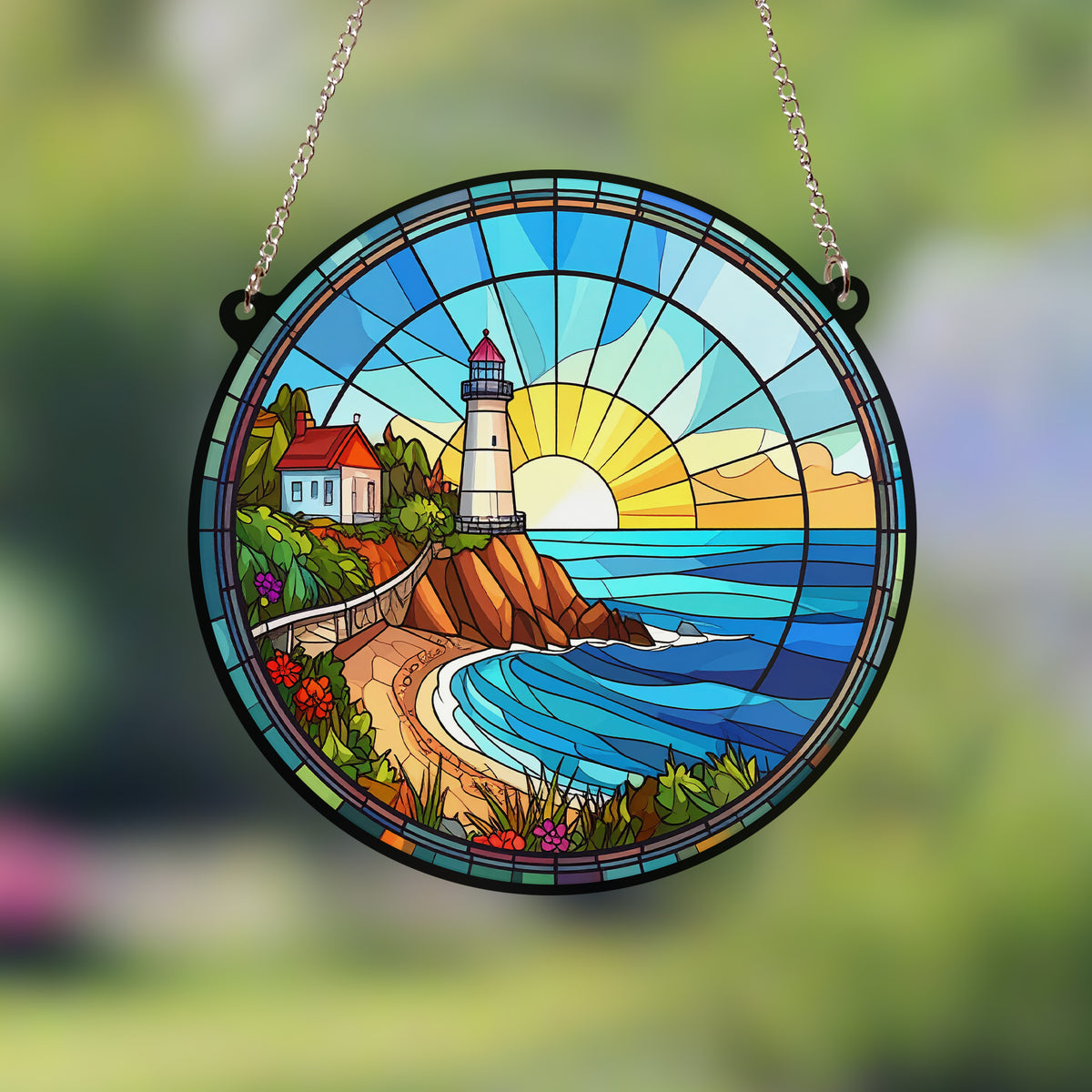 Lighthouse on Cliff Stained Glass Effect Suncatcher – Villager Jim's Shop