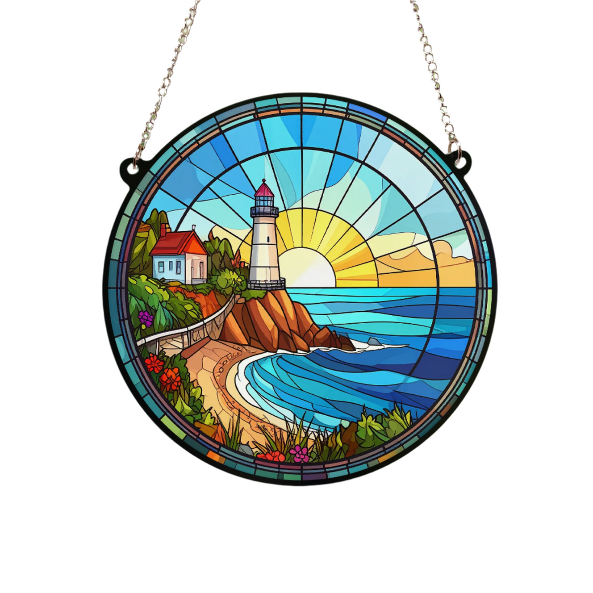 Lighthouse on Cliff Stained Glass Effect Suncatcher – Villager Jim's Shop