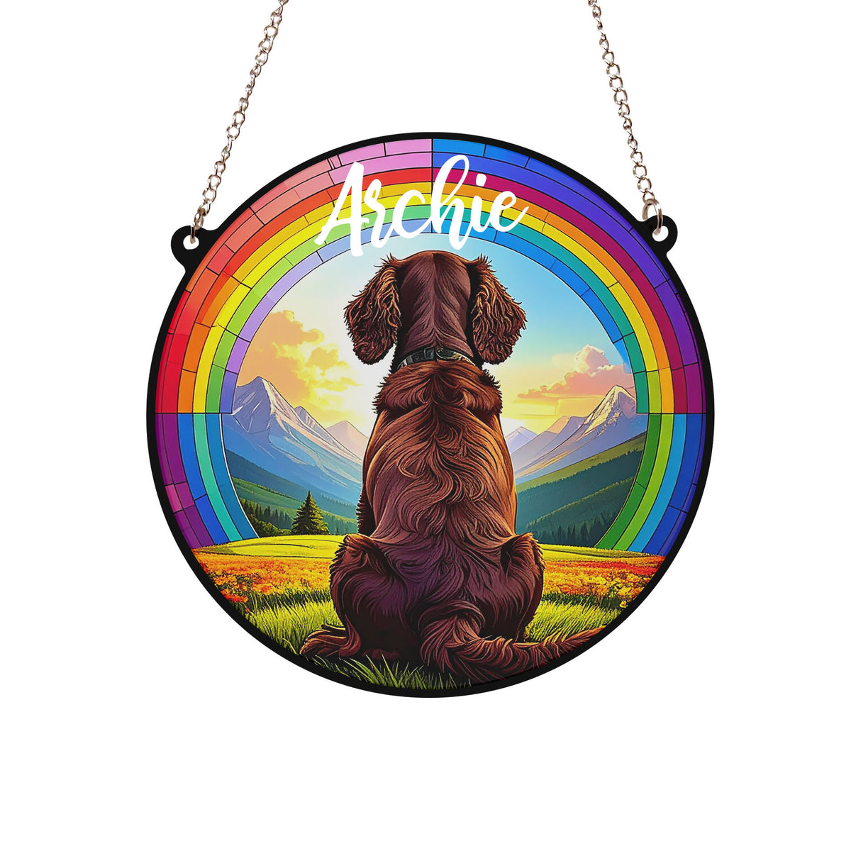 Cocker Spaniel Chocolate Rainbow Bridge Personalised Stained Glass Eff ...
