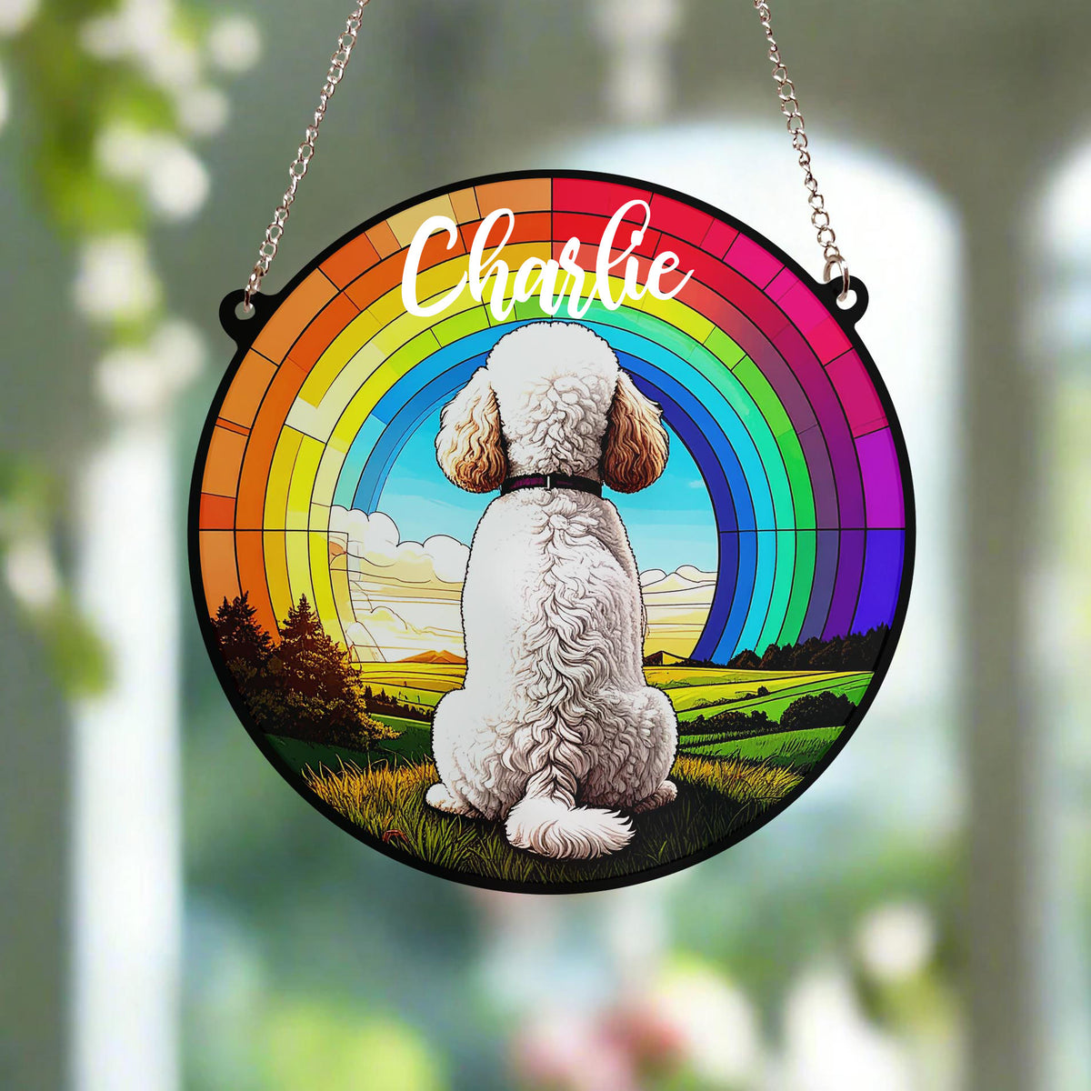 Poodle White Rainbow Bridge Personalised Stained Glass Effect Suncatch ...