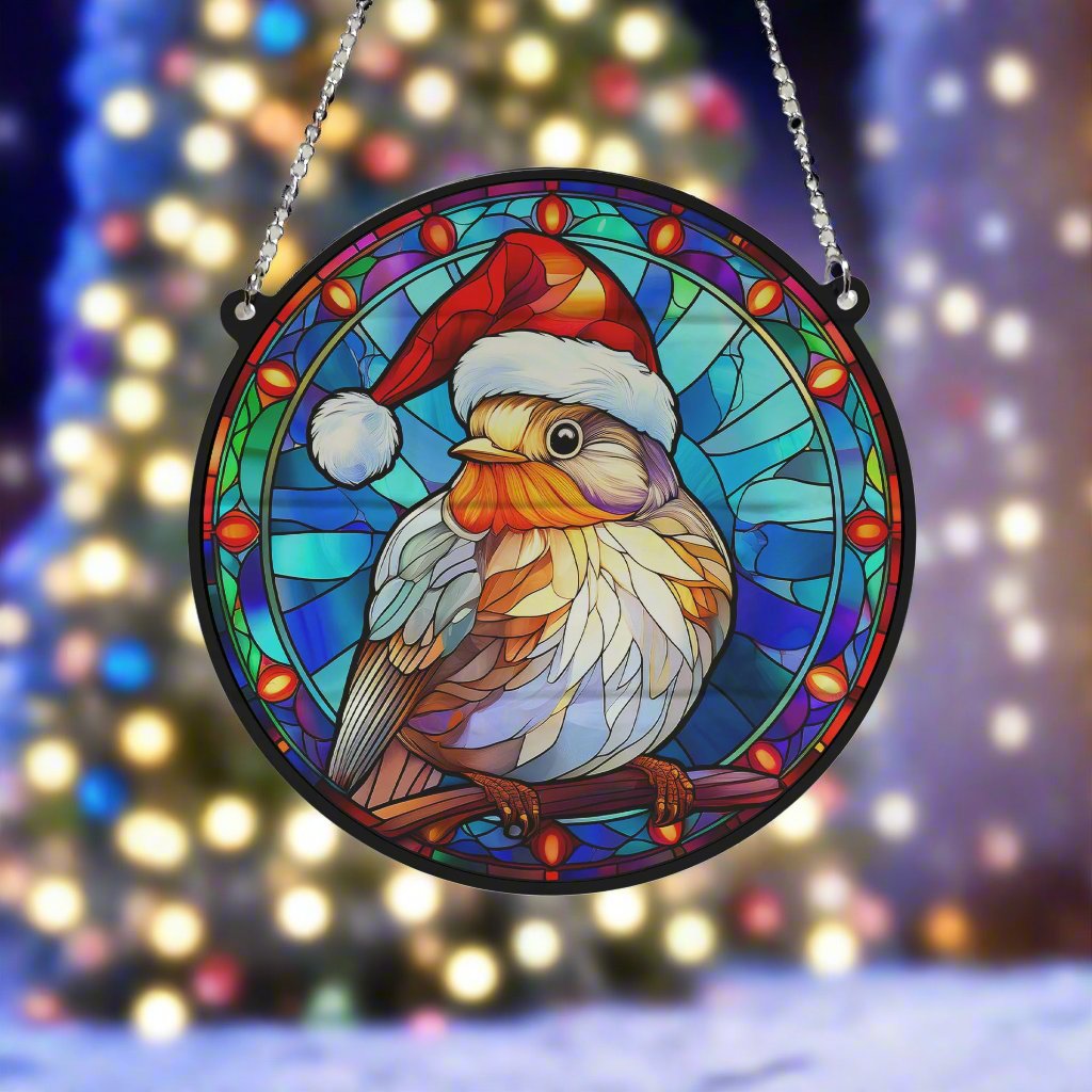Bobbin Robin on a Branch Christmas Stained Glass Effect Suncatcher ...