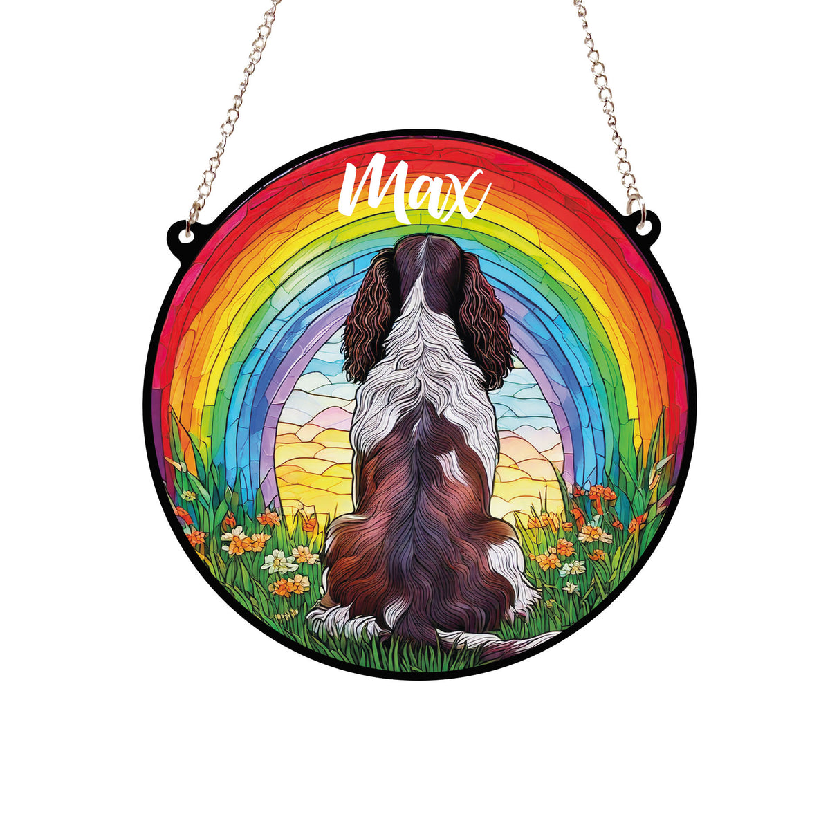 Springer Spaniel Black & White Rainbow Bridge Personalised Stained Gla ...
