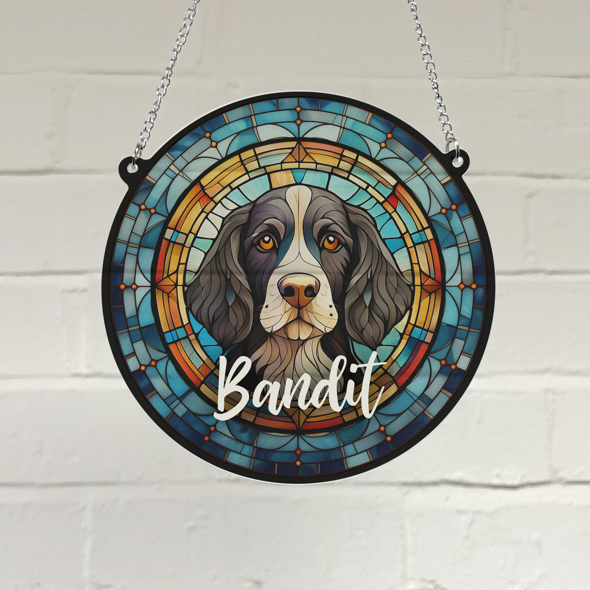Springer Spaniel Black & White Personalised Stained Glass Effect Sunca ...