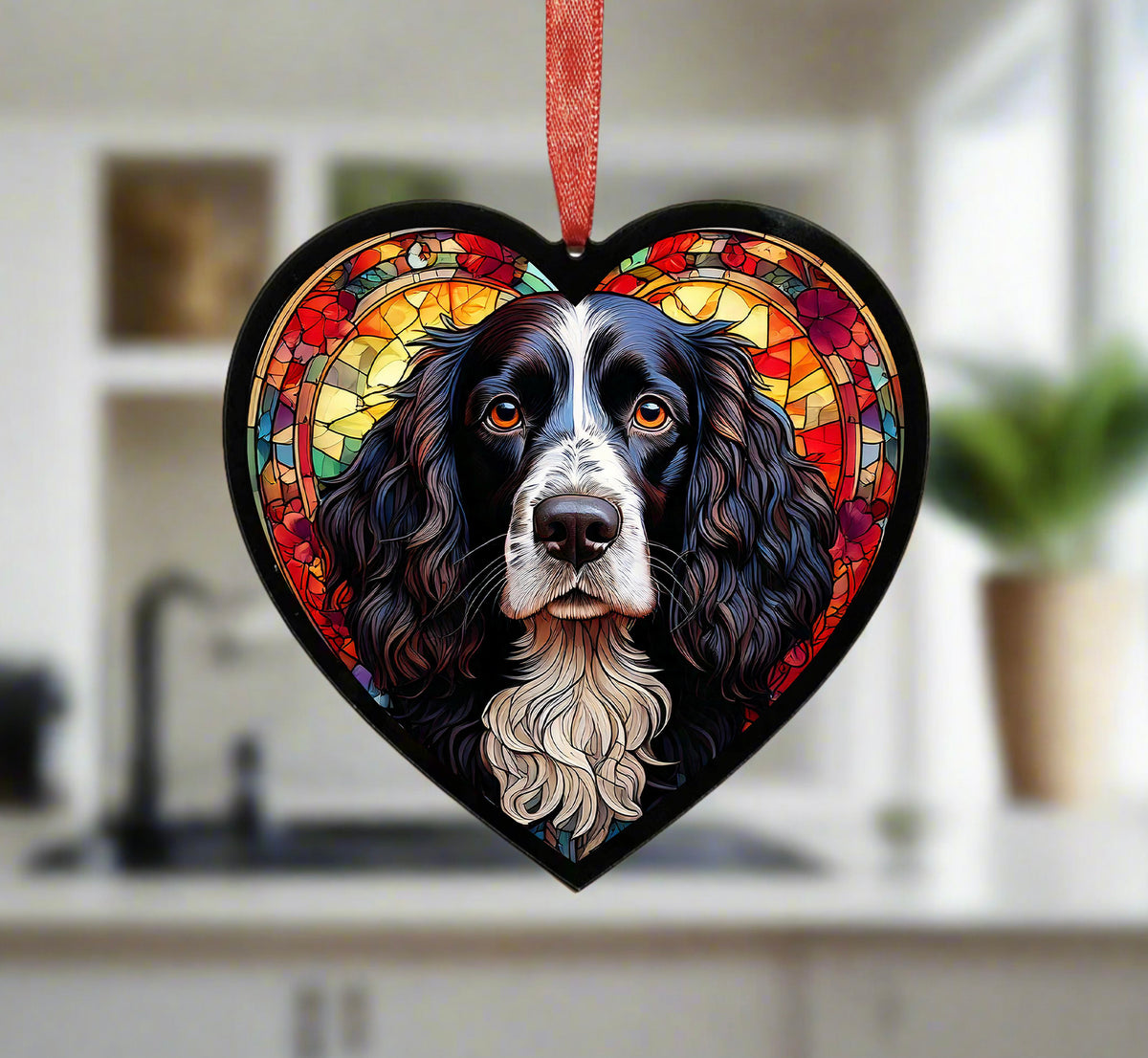 Springer Spaniel Black & White Stained Glass Effect Heart Suncatcher ...