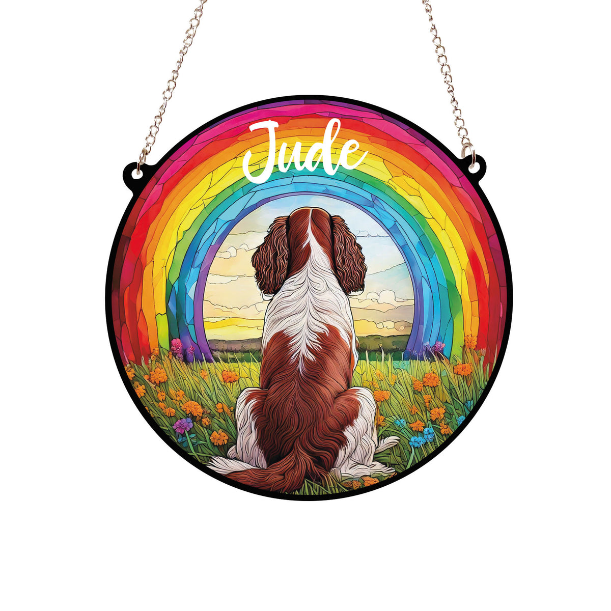 Springer Spaniel Brown & White Rainbow Bridge Personalised Stained Gla ...