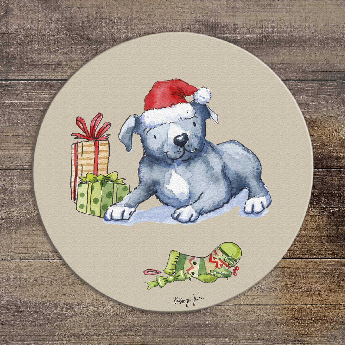 Staffie Grey Christmas Circular Glass Worktop Saver – Villager Jim's Shop