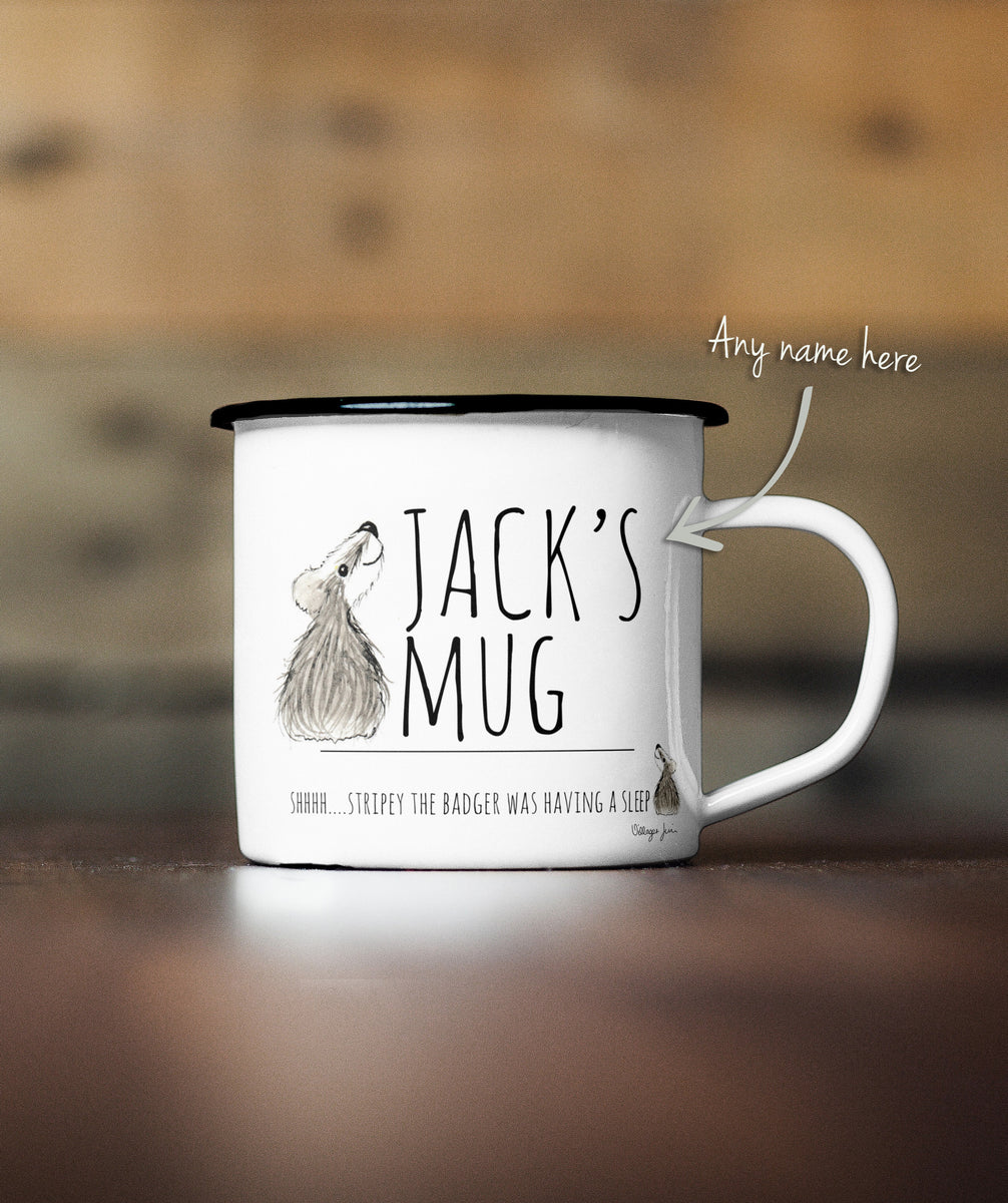 Personalised Stripey the Badger Enamel Mug – Villager Jim's Shop